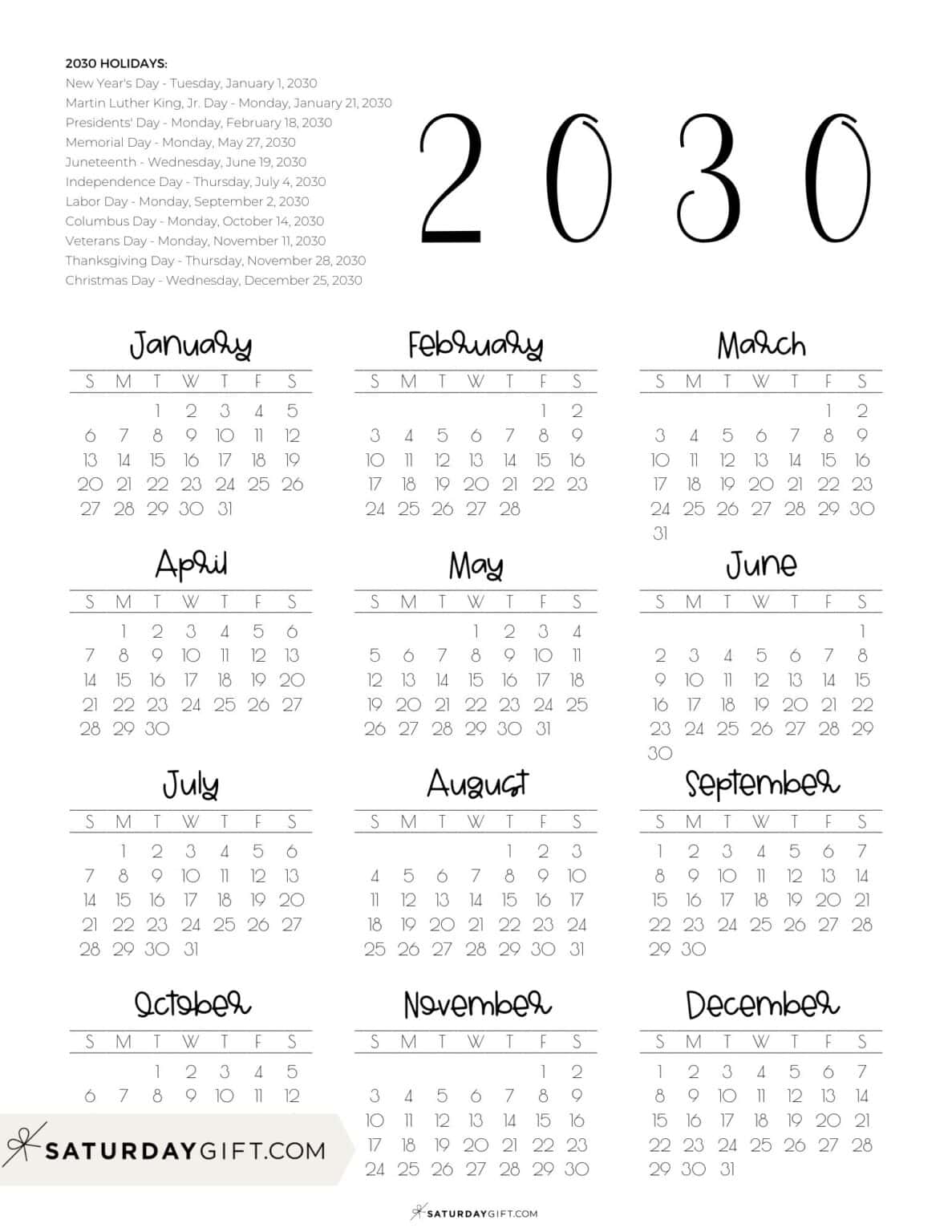 2030 Yearly Calendars - 35 Aesthetic Free Printables