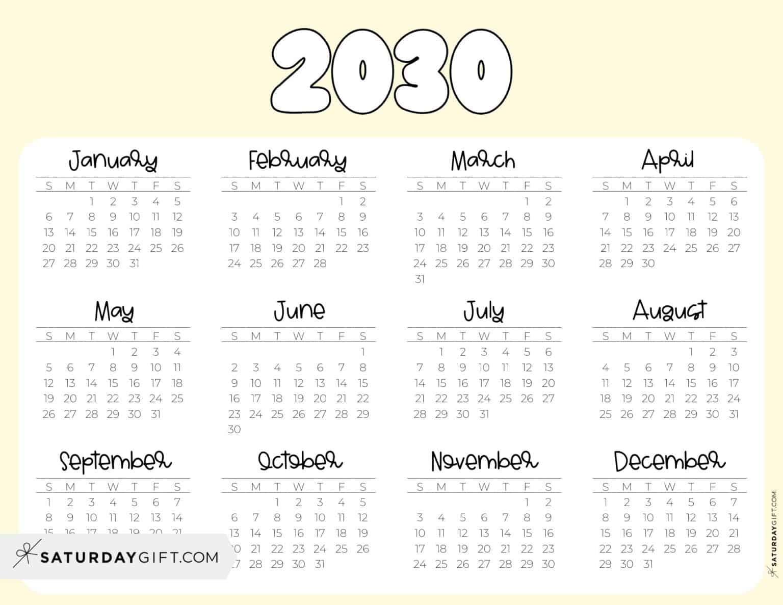 2030 Yearly Calendars - 35 Aesthetic Free Printables