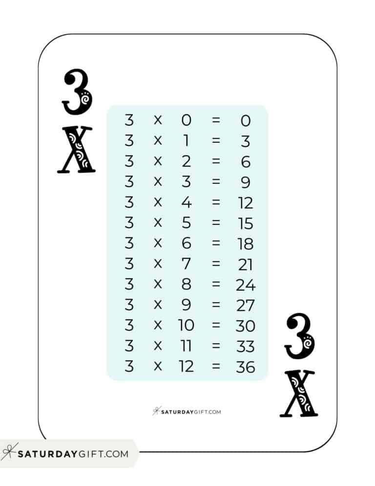 3 Times Table Chart - 15 Cute & Free Printables | SaturdayGift