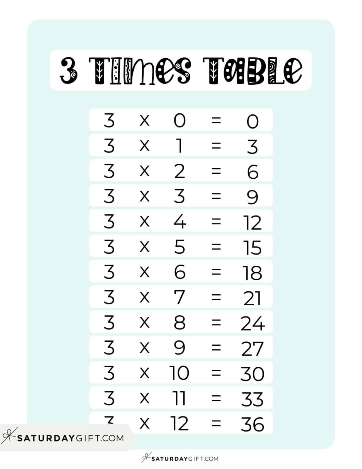 3 Times Table Chart - 15 Cute & Free Printables | SaturdayGift