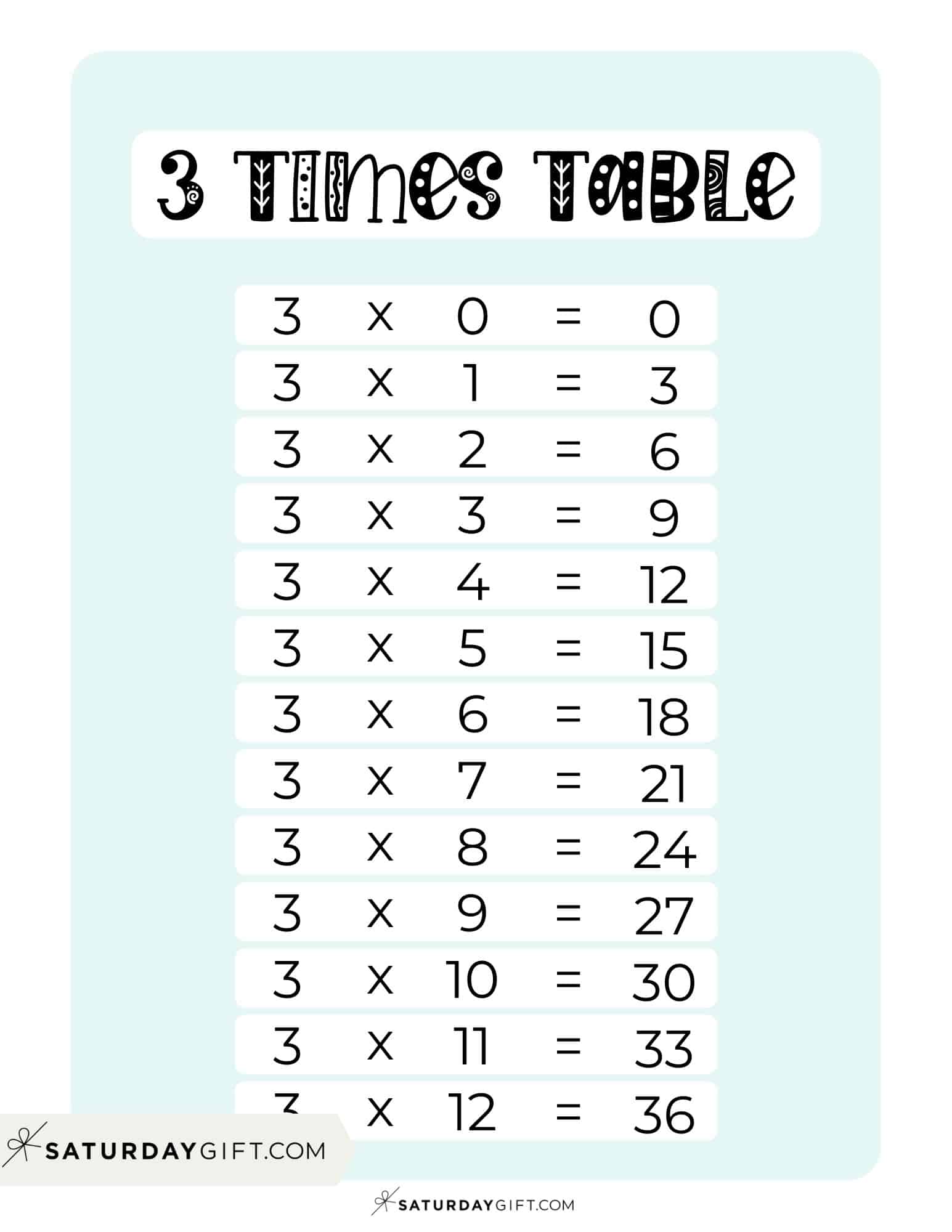 3 Times Table Chart - 15 Cute & Free Printables | SaturdayGift