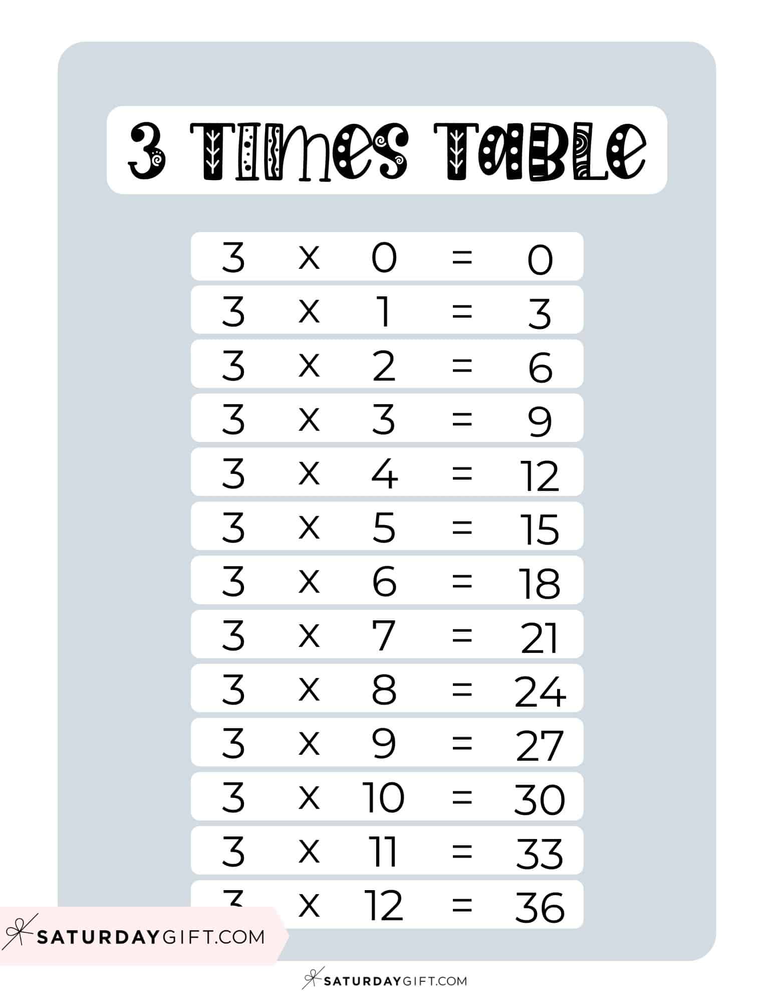 3 Times Table Chart - 15 Cute & Free Printables | SaturdayGift