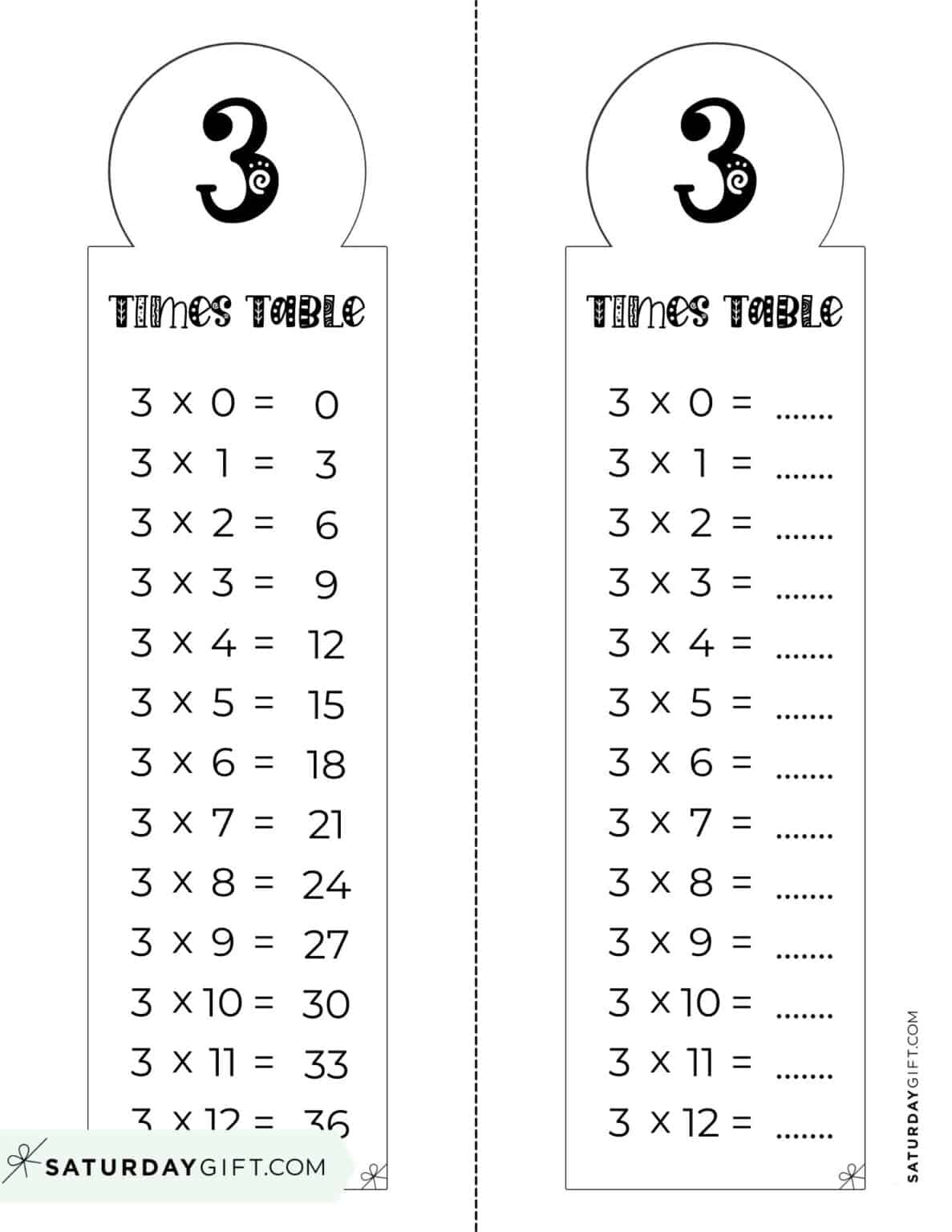 3 Times Table Chart - 15 Cute & Free Printables | SaturdayGift