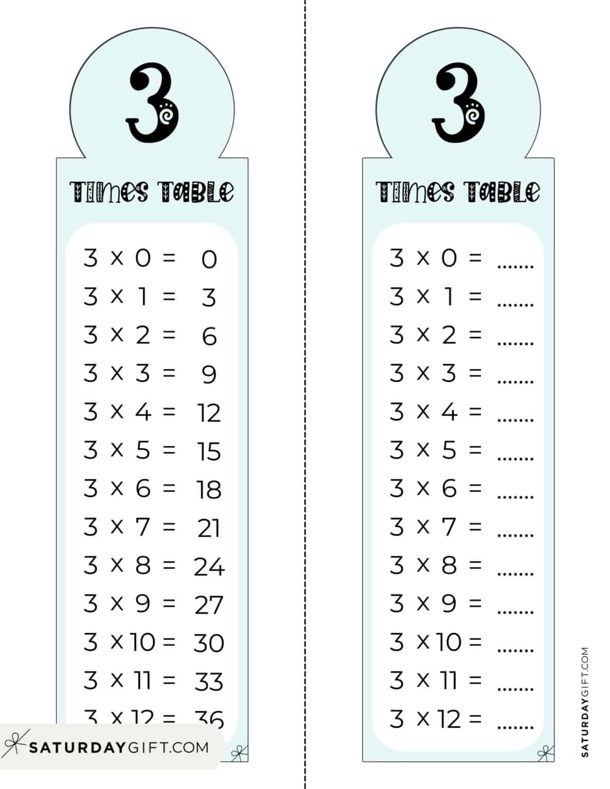 3 Times Table Chart - 15 Cute & Free Printables | SaturdayGift