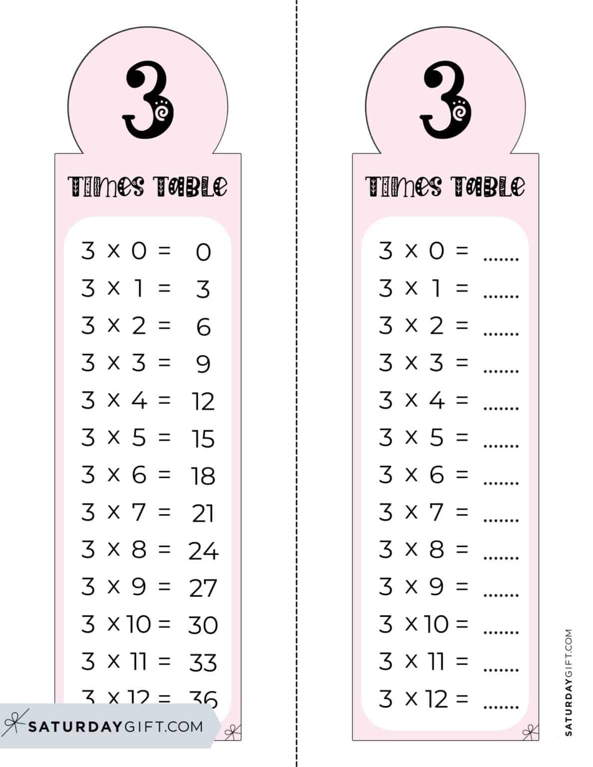 3 Times Table Chart - 15 Cute & Free Printables | SaturdayGift