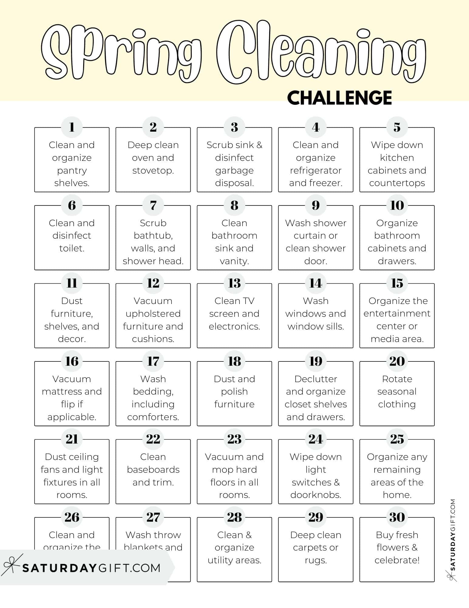 30-Day Spring Cleaning Challenge + Printable - SaturdayGift