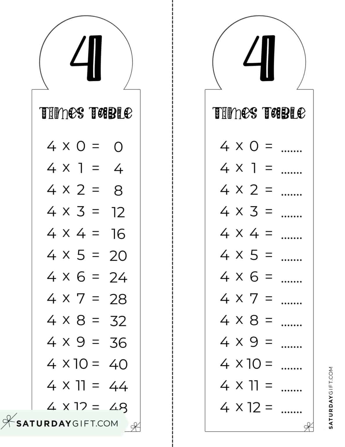 4 Times Table Chart - 15 Cute & Free Printables | SaturdayGift