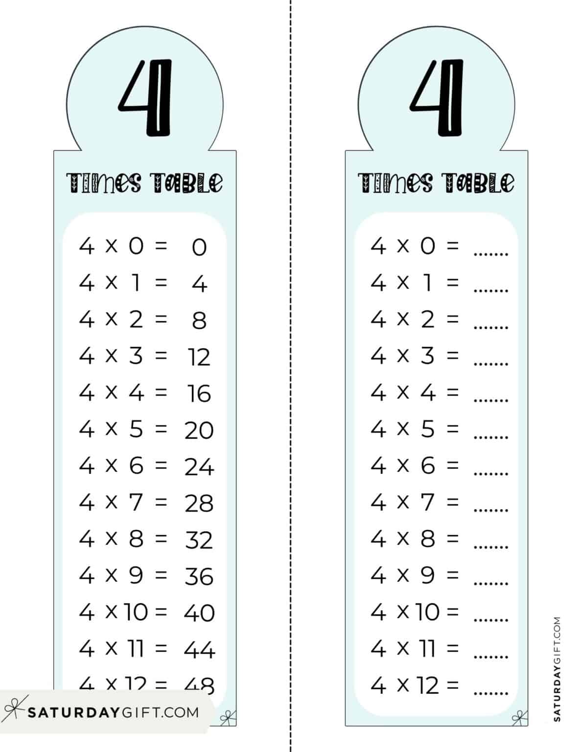 4 Times Table Chart - 15 Cute & Free Printables | SaturdayGift