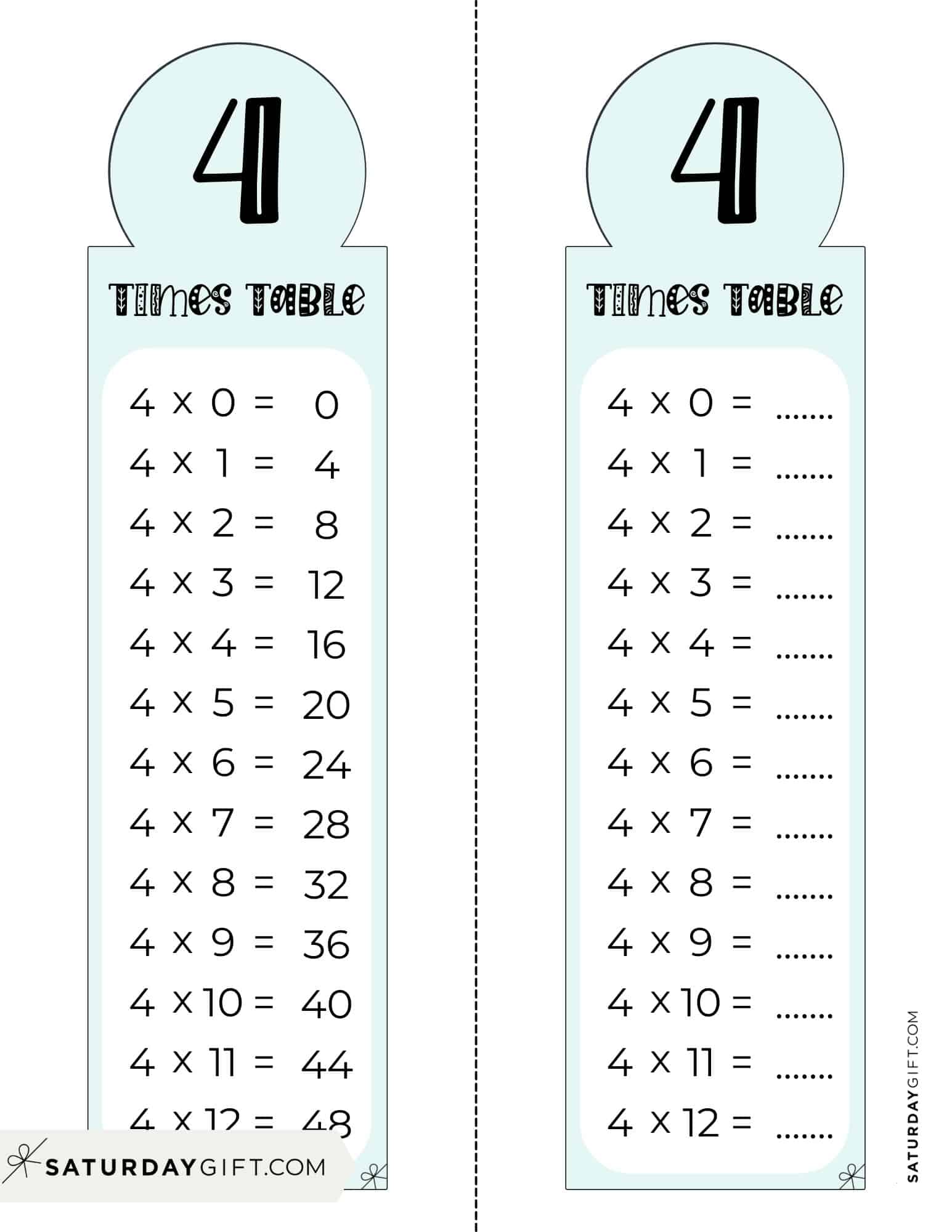 4 Times Table Chart - 15 Cute & Free Printables | SaturdayGift
