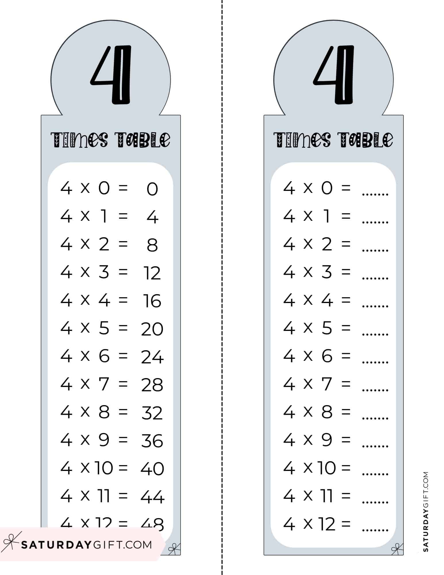 4 Times Table Chart - 15 Cute & Free Printables | SaturdayGift