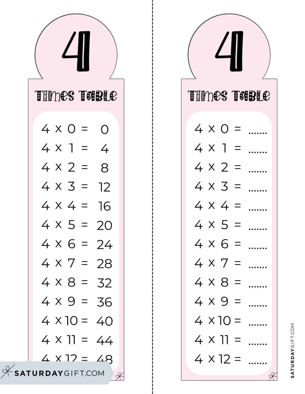 4 Times Table Chart - 15 Cute & Free Printables | SaturdayGift