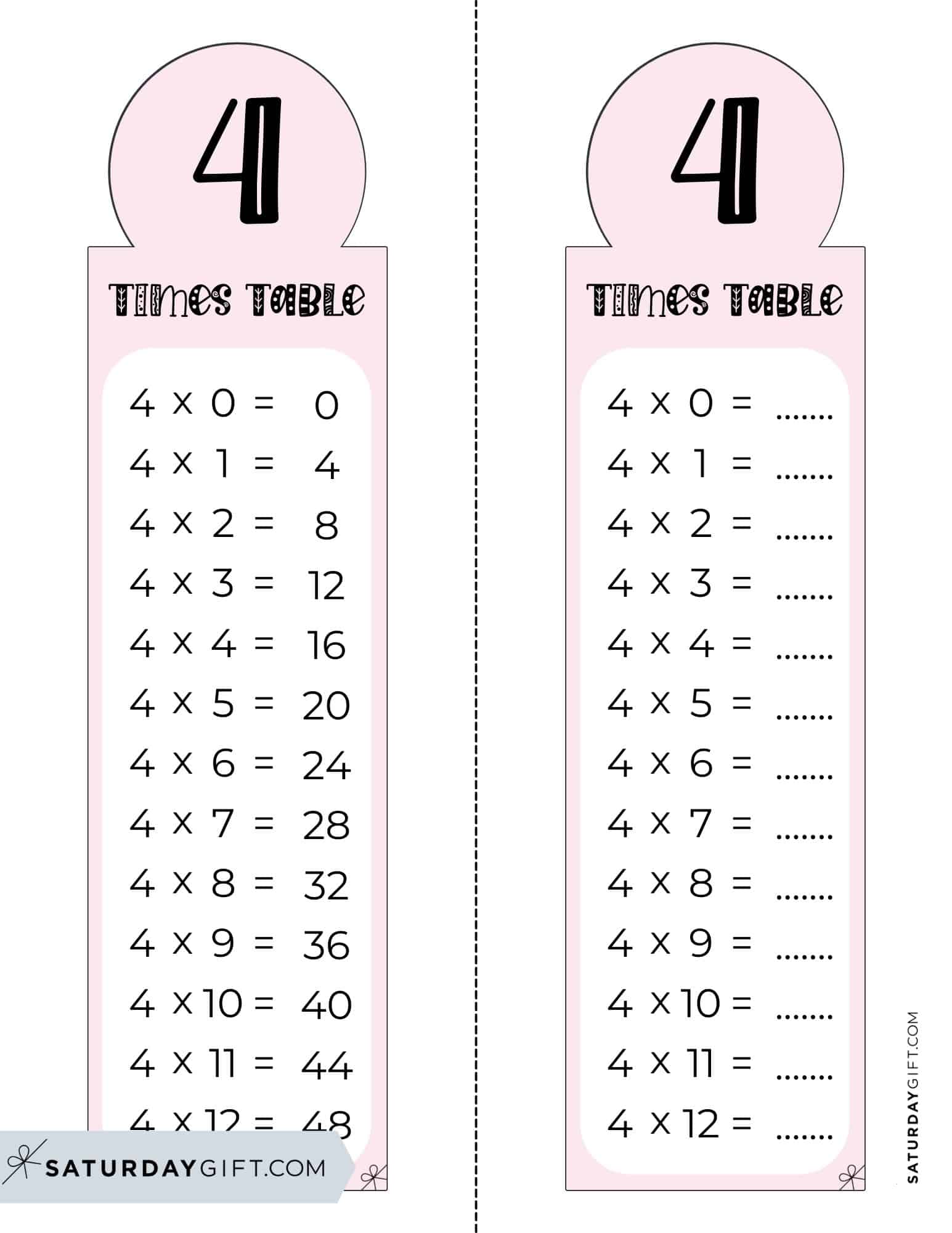 4 Times Table Chart - 15 Cute & Free Printables | SaturdayGift