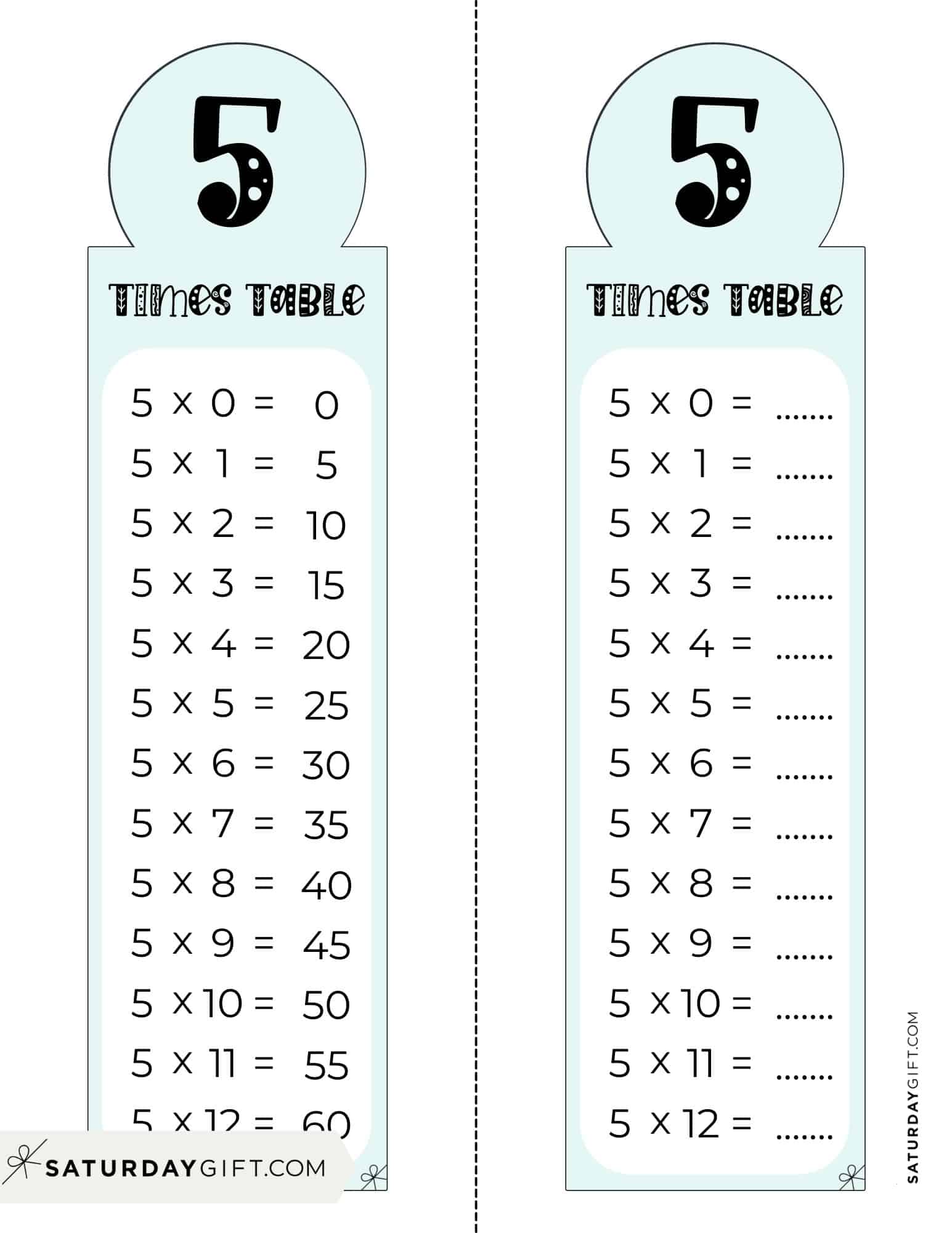 5 Times Table Chart - 17 Cute & Free Printables | SaturdayGift