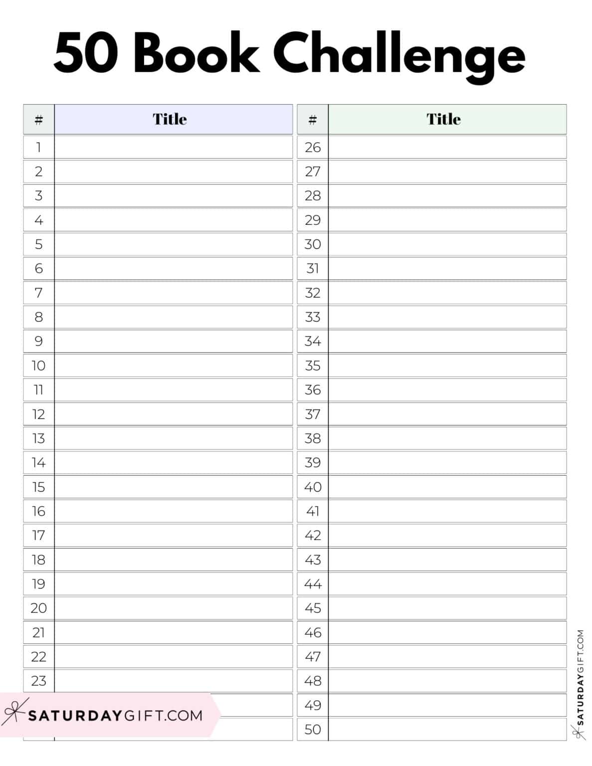 50 Book Challenge Template - 26 Free printables | SaturdayGift