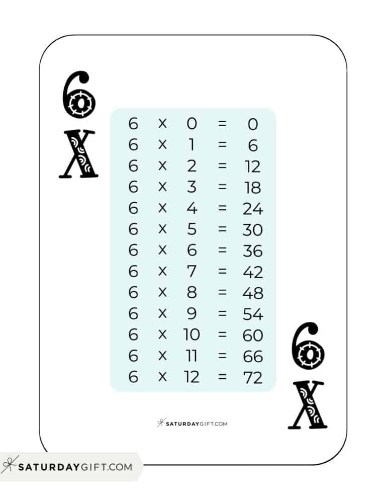 6 Times Table Chart - 15 Cute & Free Printables | SaturdayGift