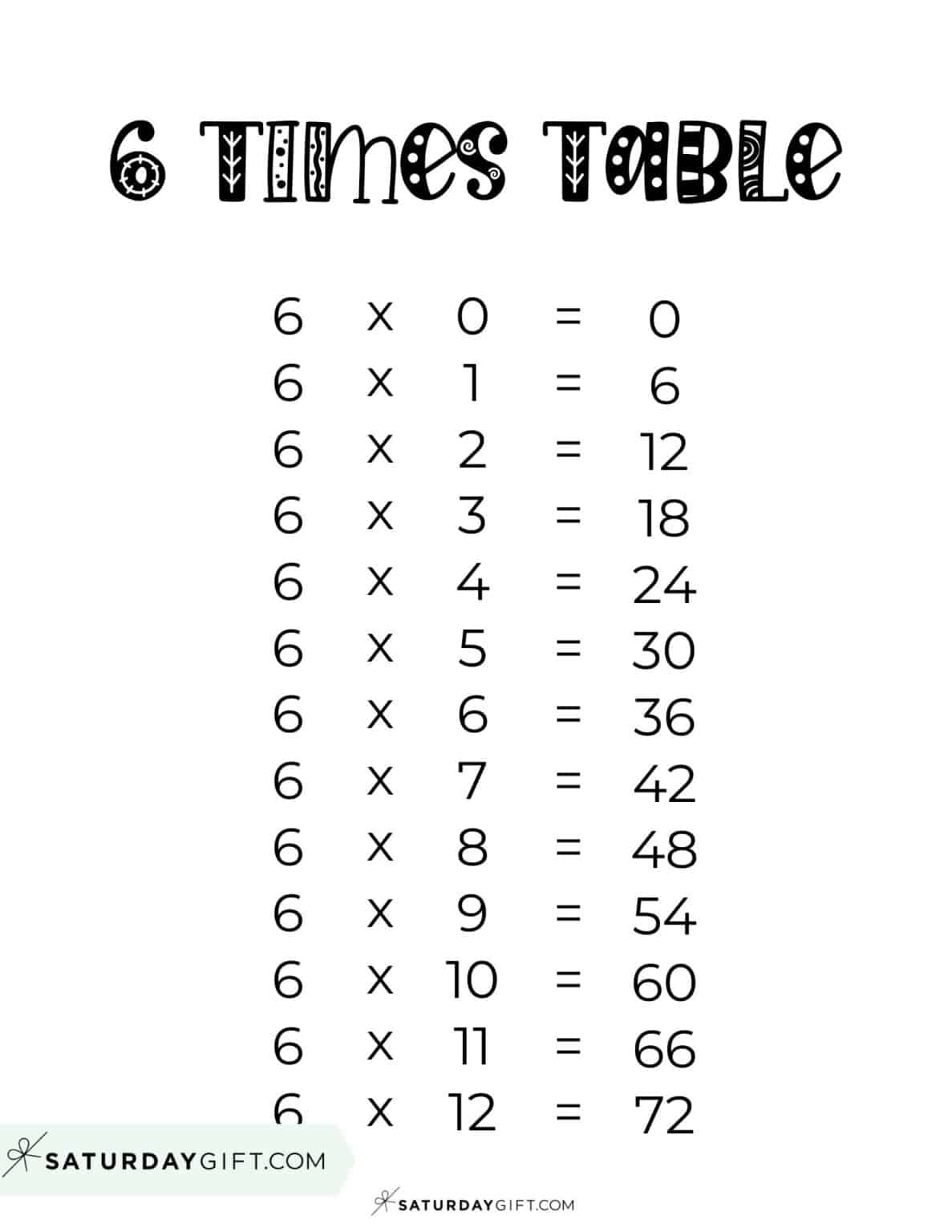 6 Times Table Chart - 15 Cute & Free Printables | SaturdayGift