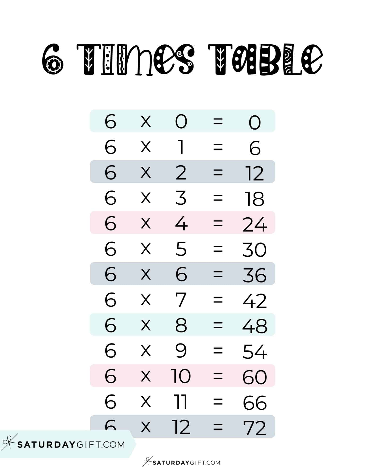 6 Times Table Chart - 15 Cute & Free Printables | SaturdayGift