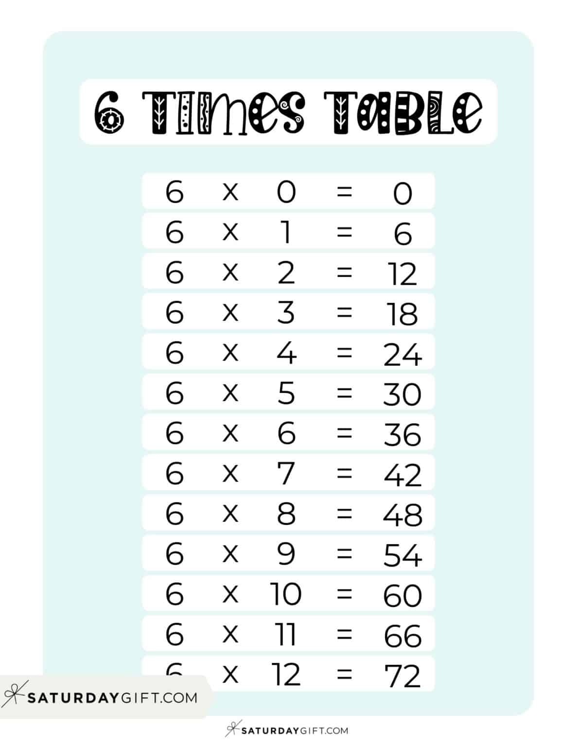 6 Times Table Chart - 15 Cute & Free Printables | SaturdayGift