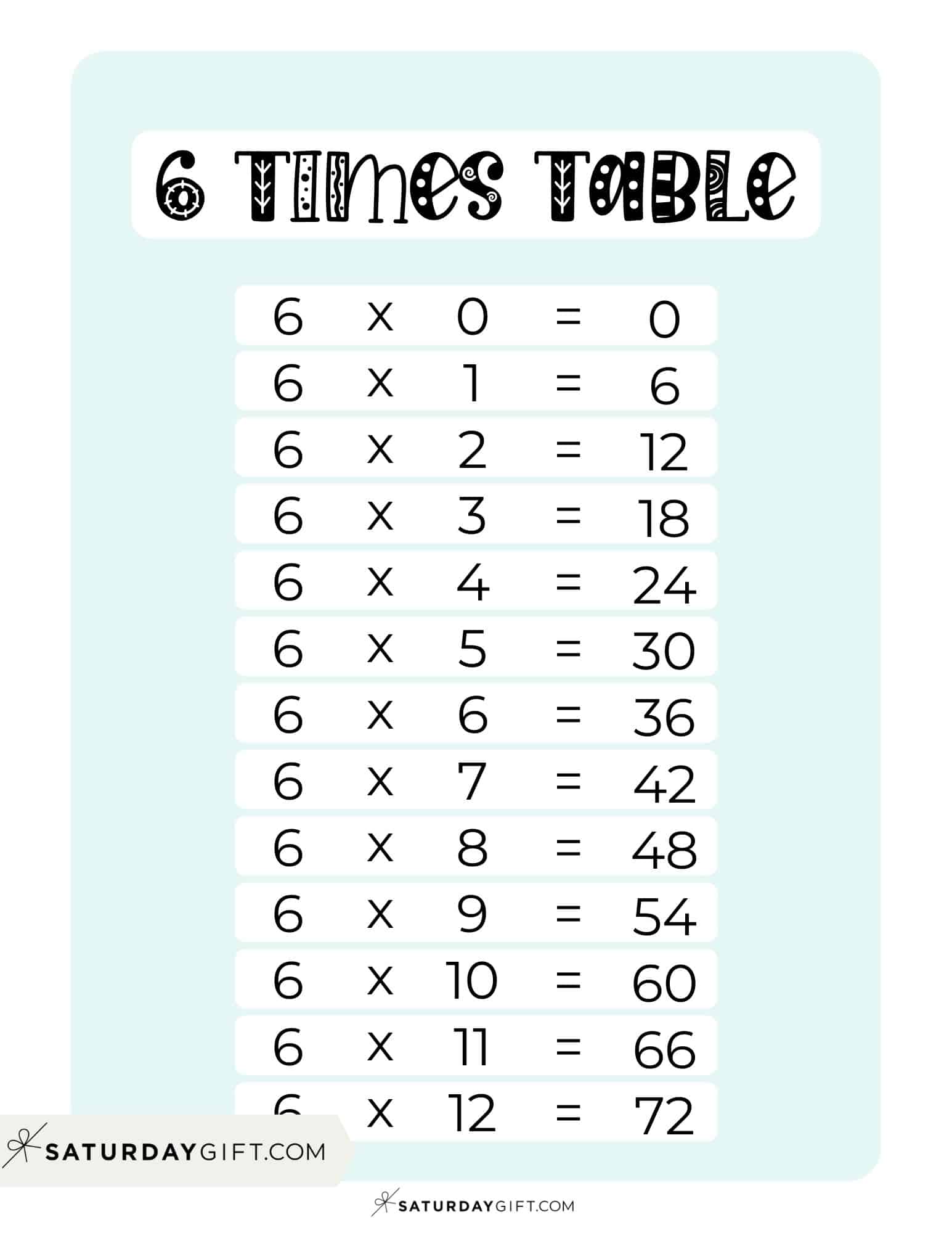 6 Times Table Chart - 15 Cute & Free Printables | SaturdayGift