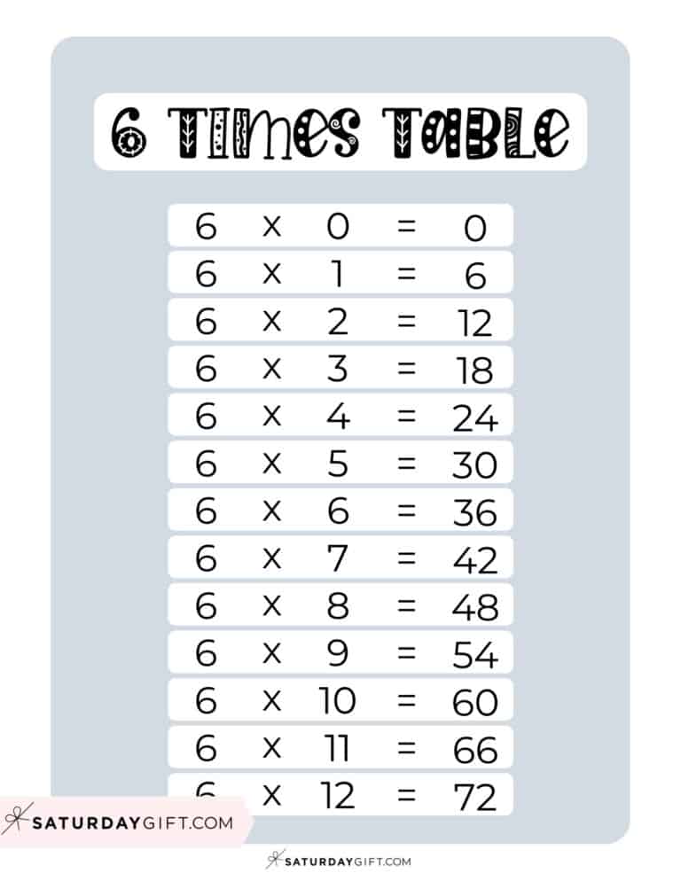 6 Times Table Chart - 15 Cute & Free Printables | SaturdayGift