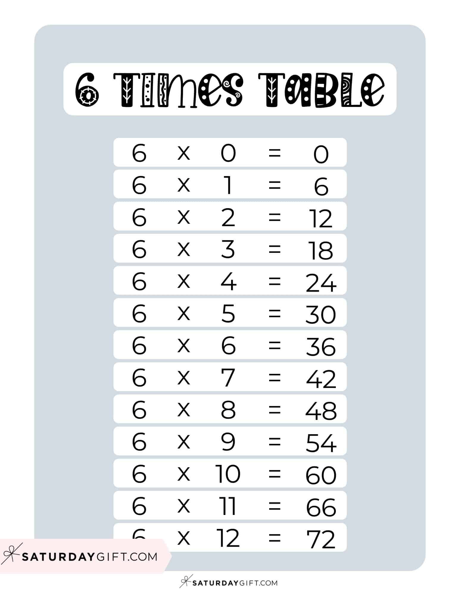 6 Times Table Chart - 15 Cute & Free Printables | SaturdayGift