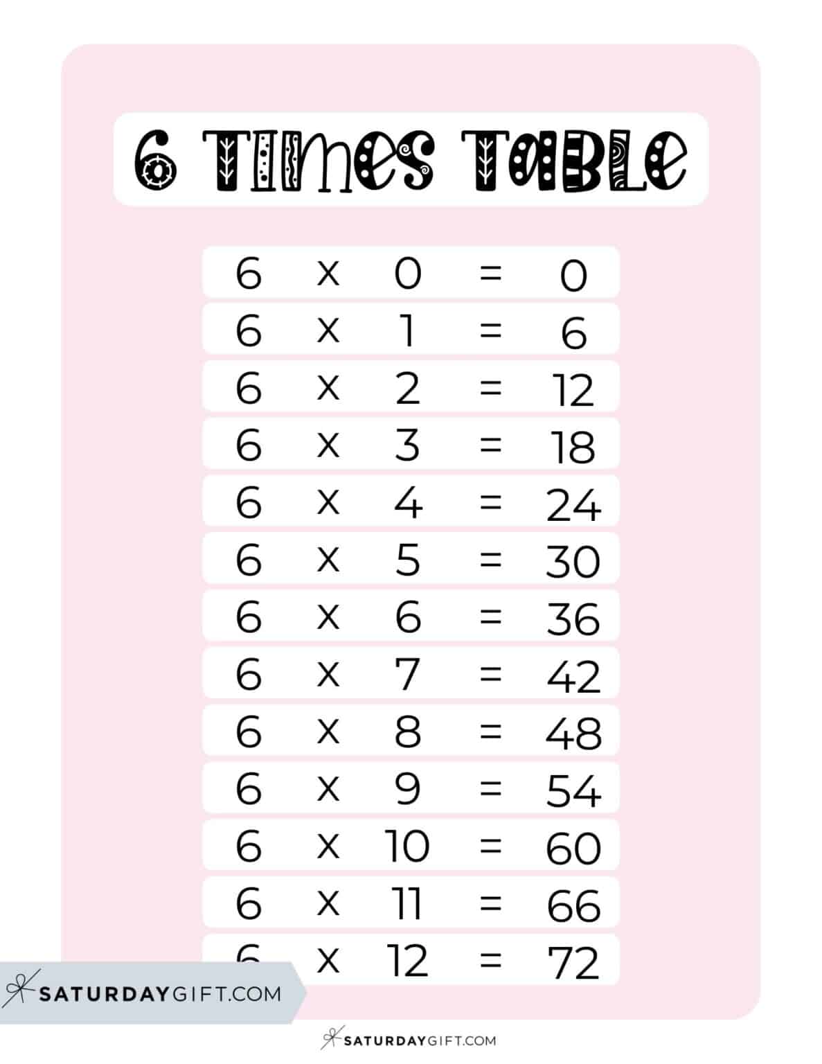 6 Times Table Chart - 15 Cute & Free Printables | SaturdayGift