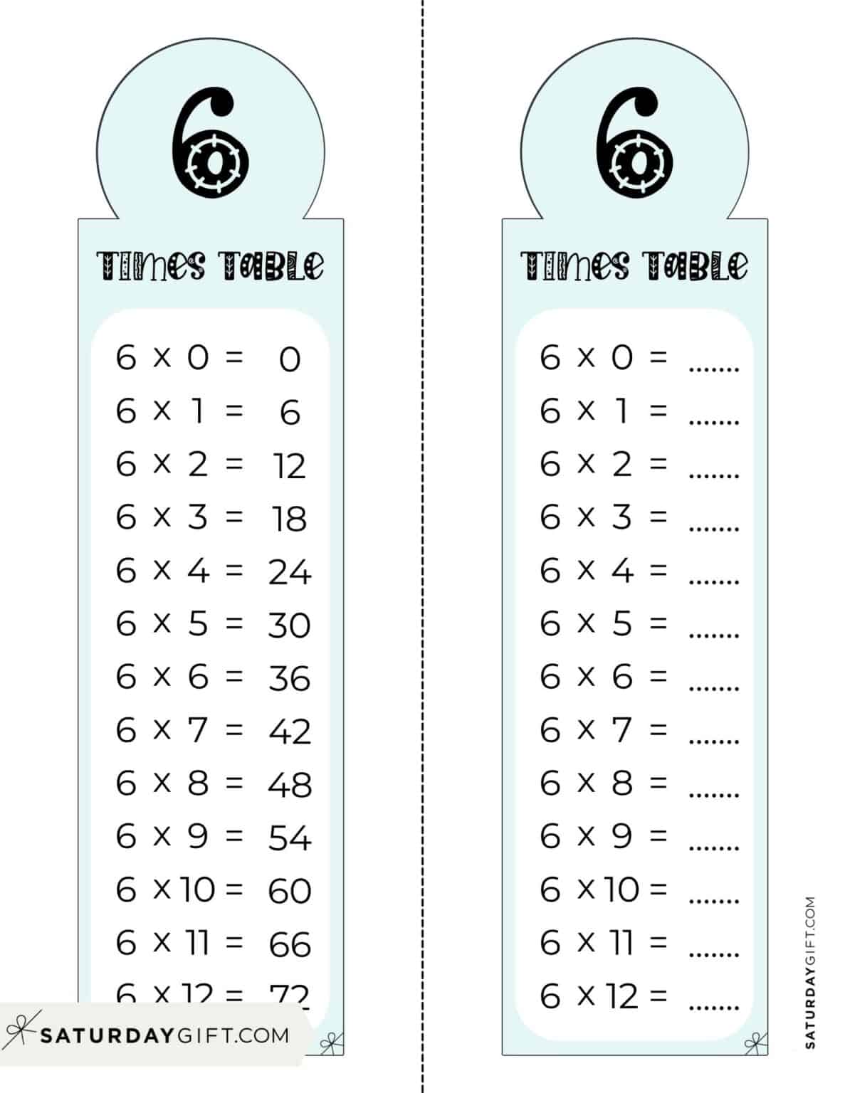 6 Times Table Chart - 15 Cute & Free Printables | SaturdayGift