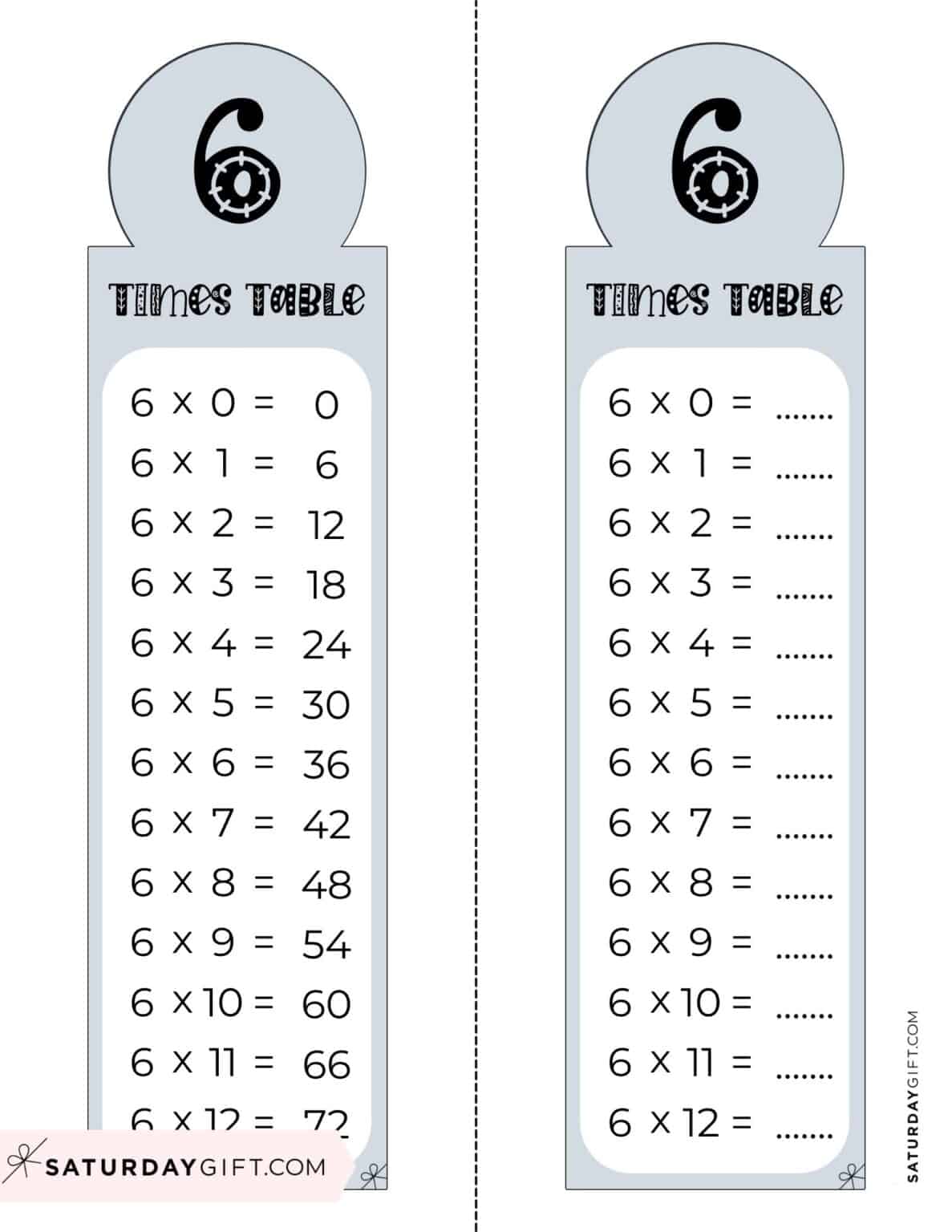 6 Times Table Chart - 15 Cute & Free Printables | SaturdayGift