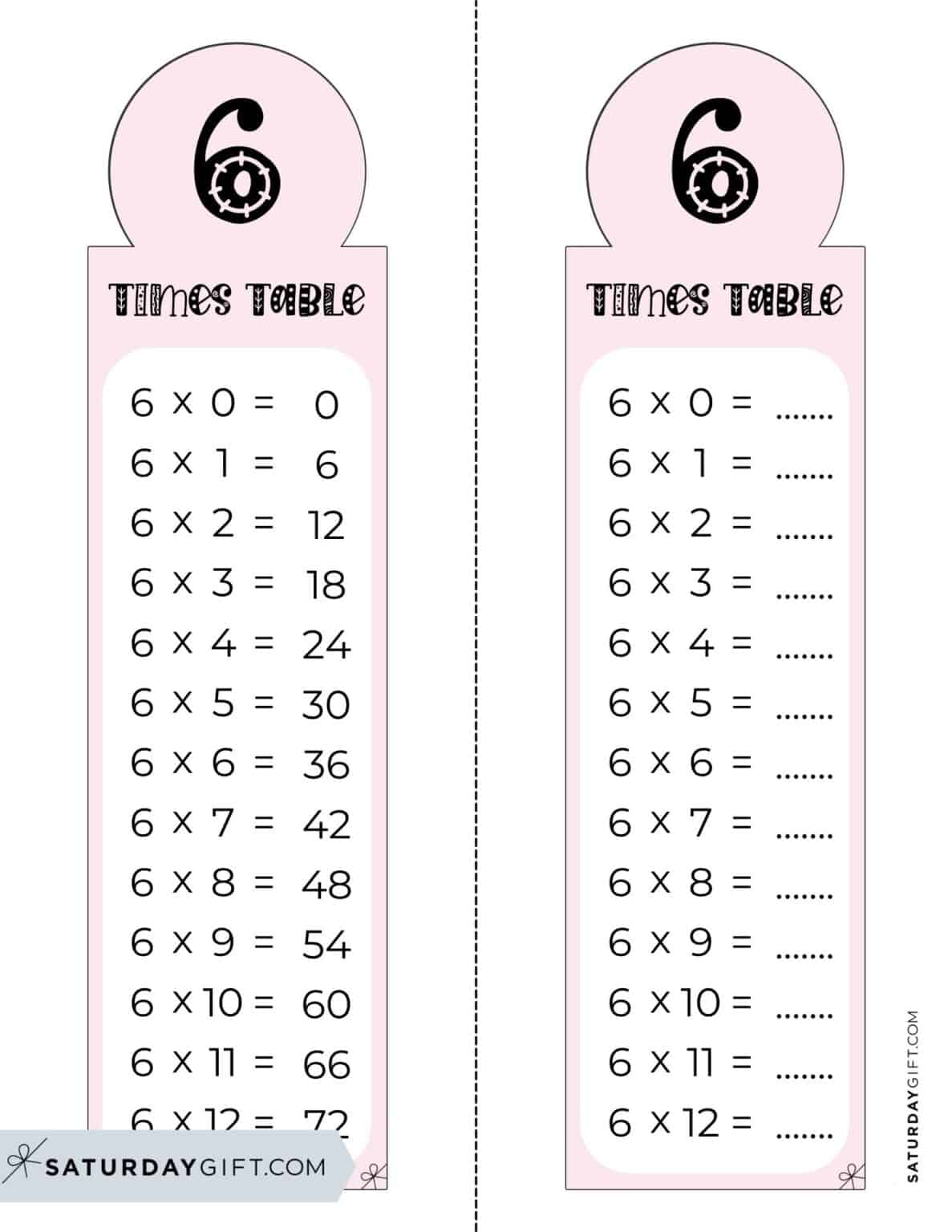 6 Times Table Chart - 15 Cute & Free Printables | SaturdayGift