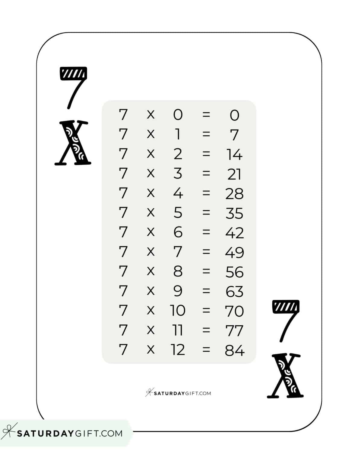7 Times Table Chart - 15 Cute & Free Printables | SaturdayGift