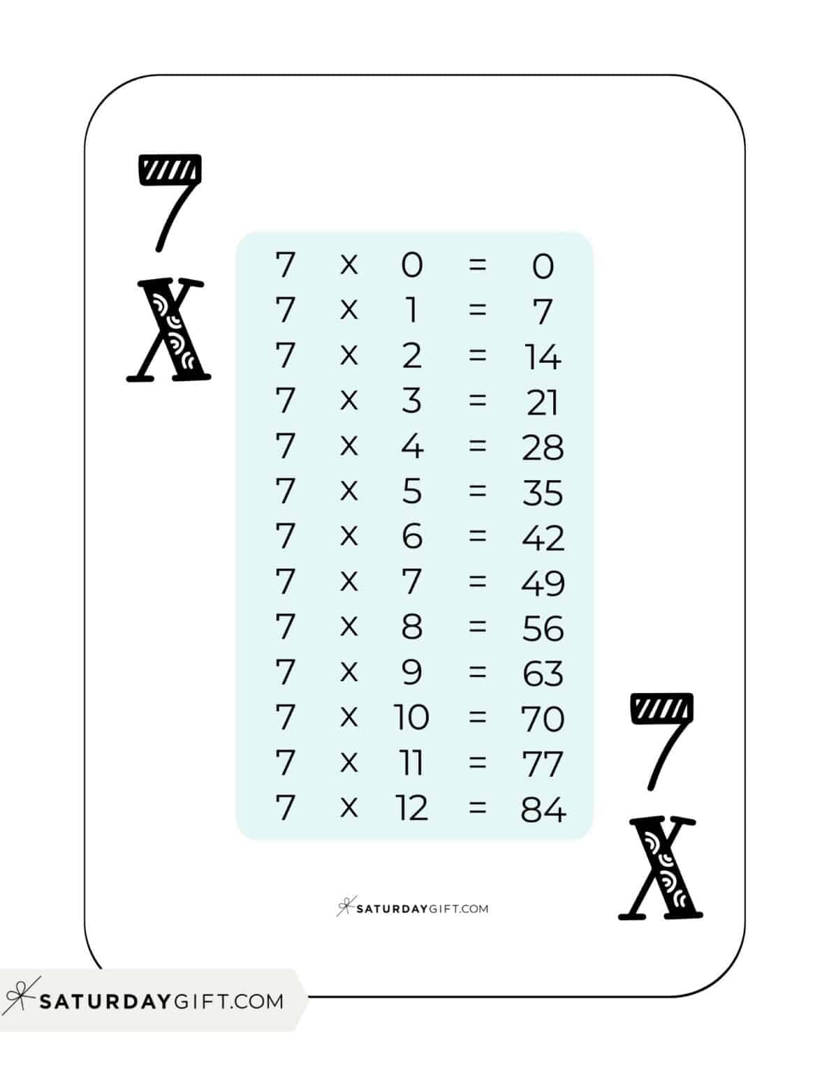 7 Times Table Chart - 15 Cute & Free Printables | SaturdayGift