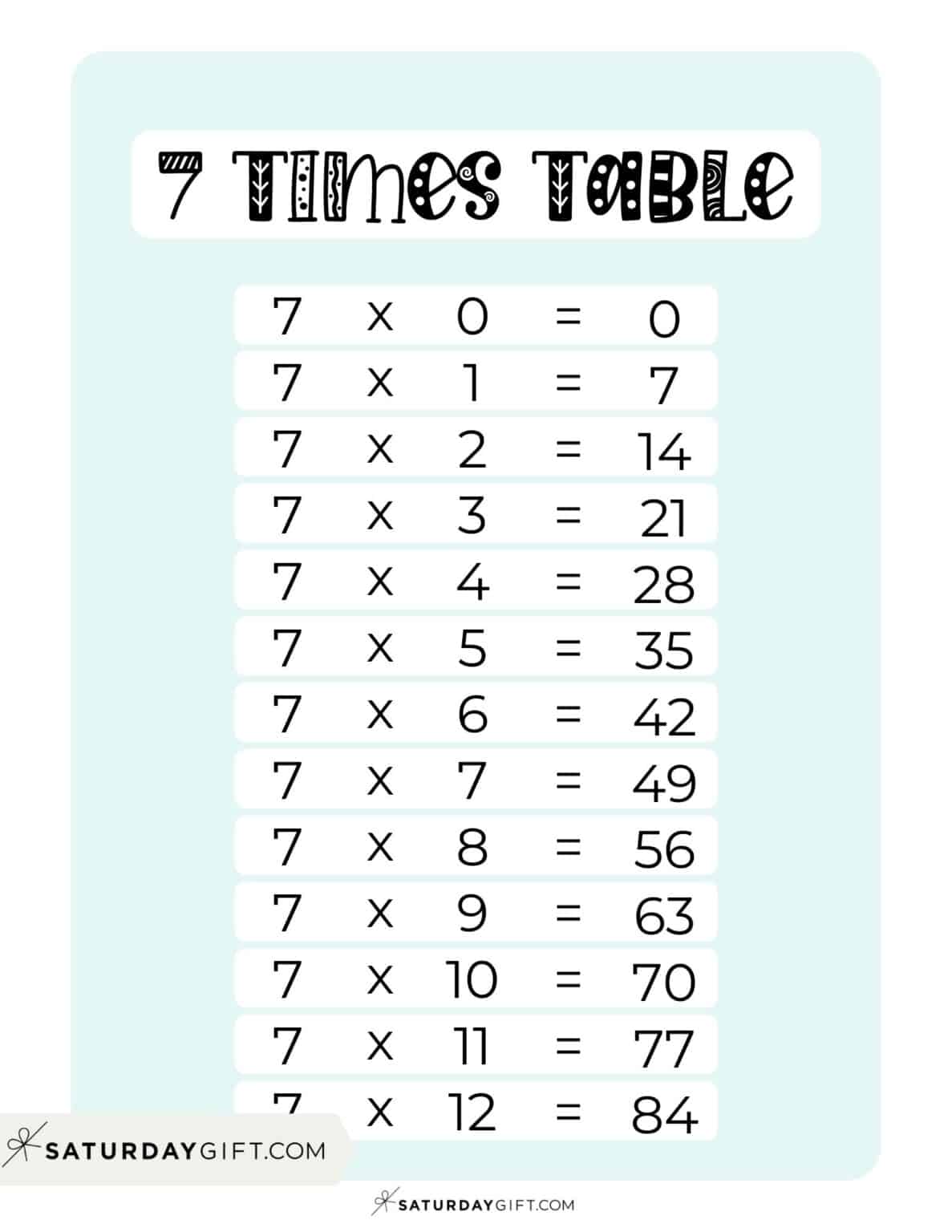 7 Times Table Chart - 15 Cute & Free Printables | SaturdayGift