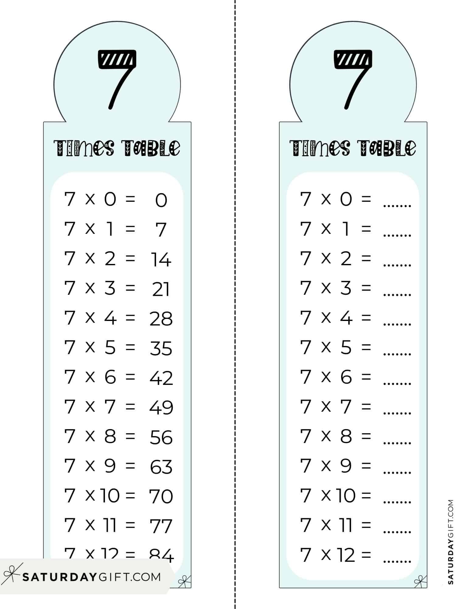 7 Times Table Chart - 15 Cute & Free Printables | SaturdayGift