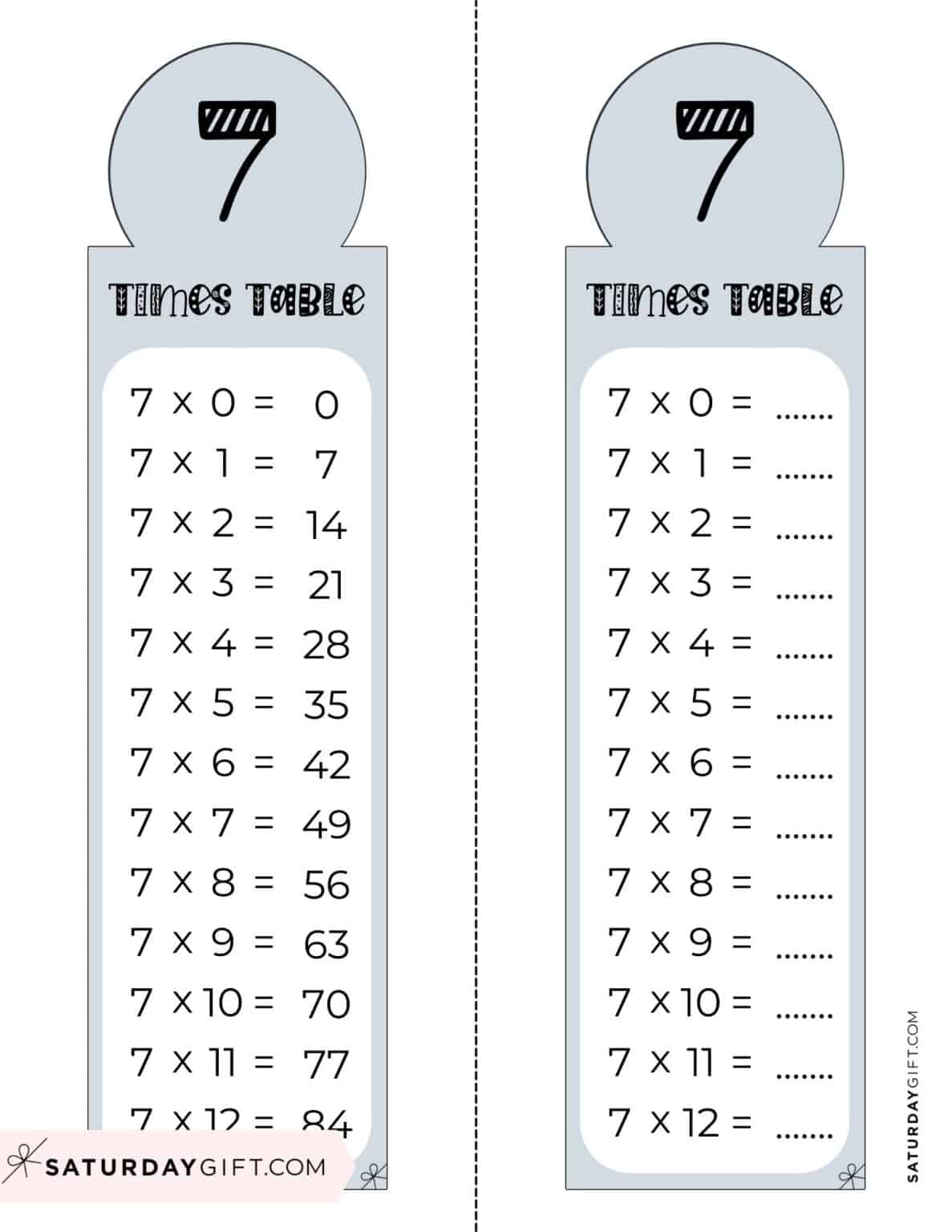 7 Times Table Chart - 15 Cute & Free Printables | SaturdayGift