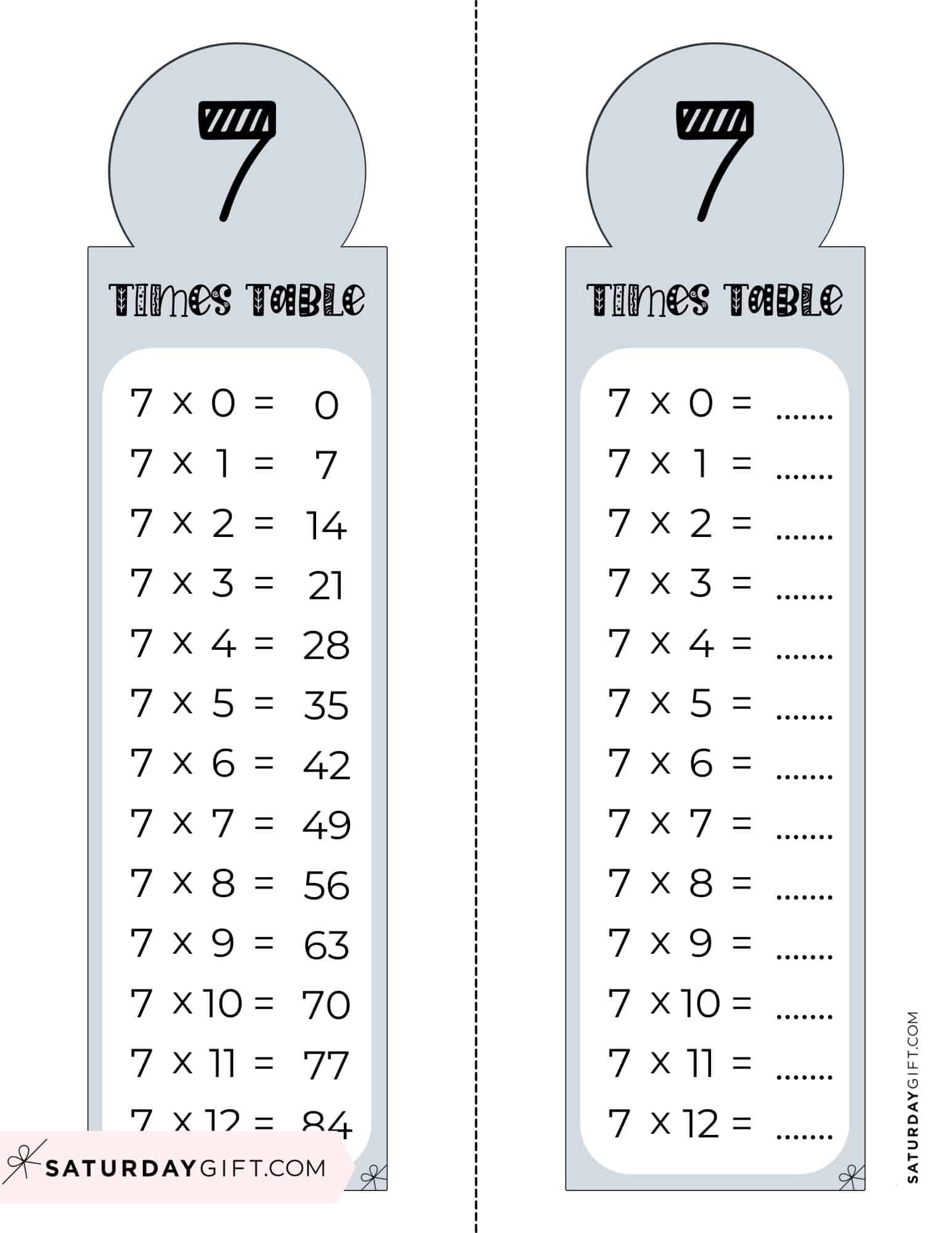7 Times Table Chart - 15 Cute & Free Printables | SaturdayGift
