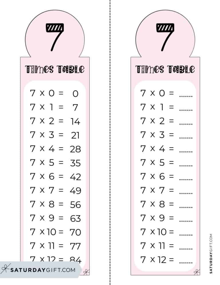 7 Times Table Chart - 15 Cute & Free Printables | SaturdayGift