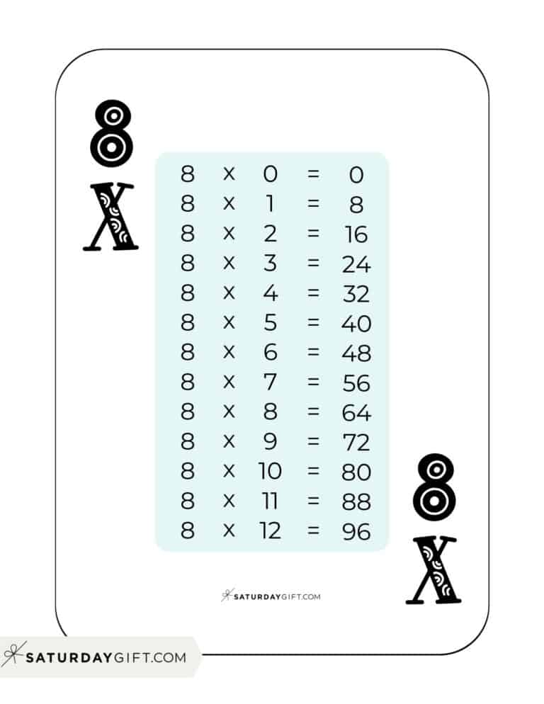 8 Times Table Chart - 15 Cute & Free Printables | SaturdayGift