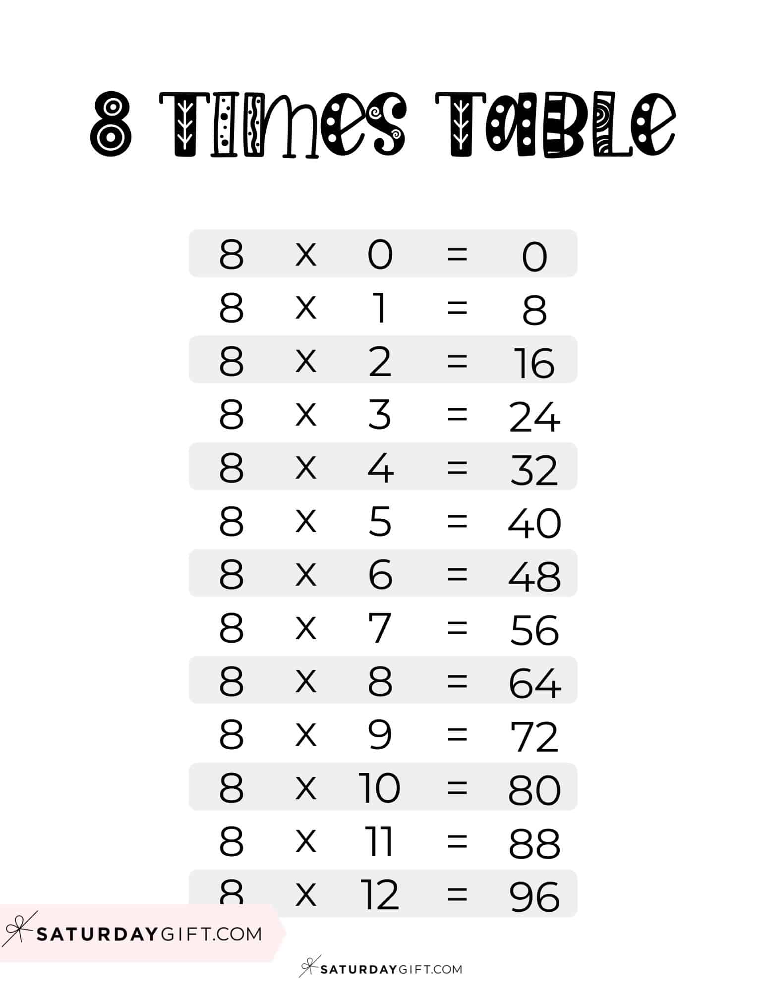 8 Times Table Chart - 15 Cute & Free Printables | SaturdayGift
