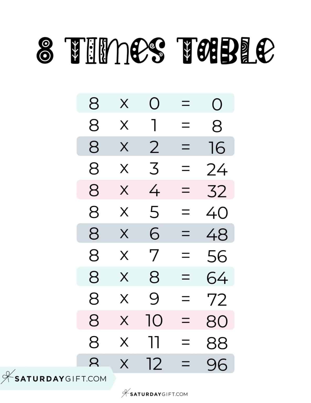 8 Times Table Chart - 15 Cute & Free Printables | SaturdayGift