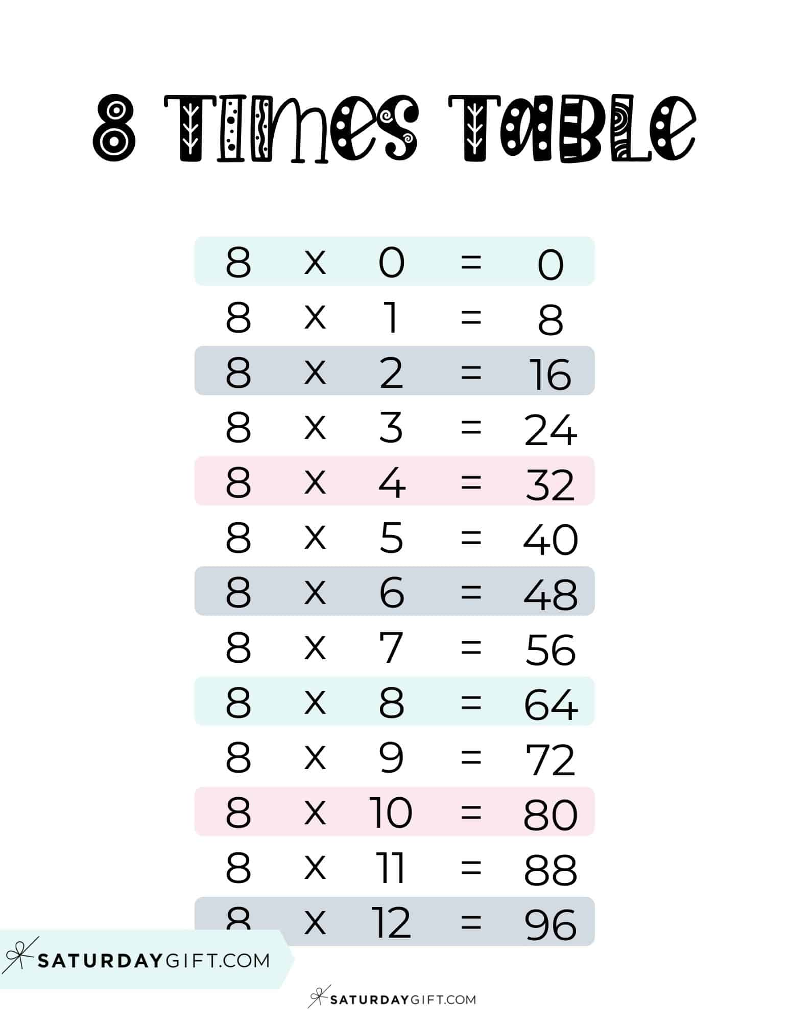 8 Times Table Chart 15 Cute Free Printables SaturdayGift