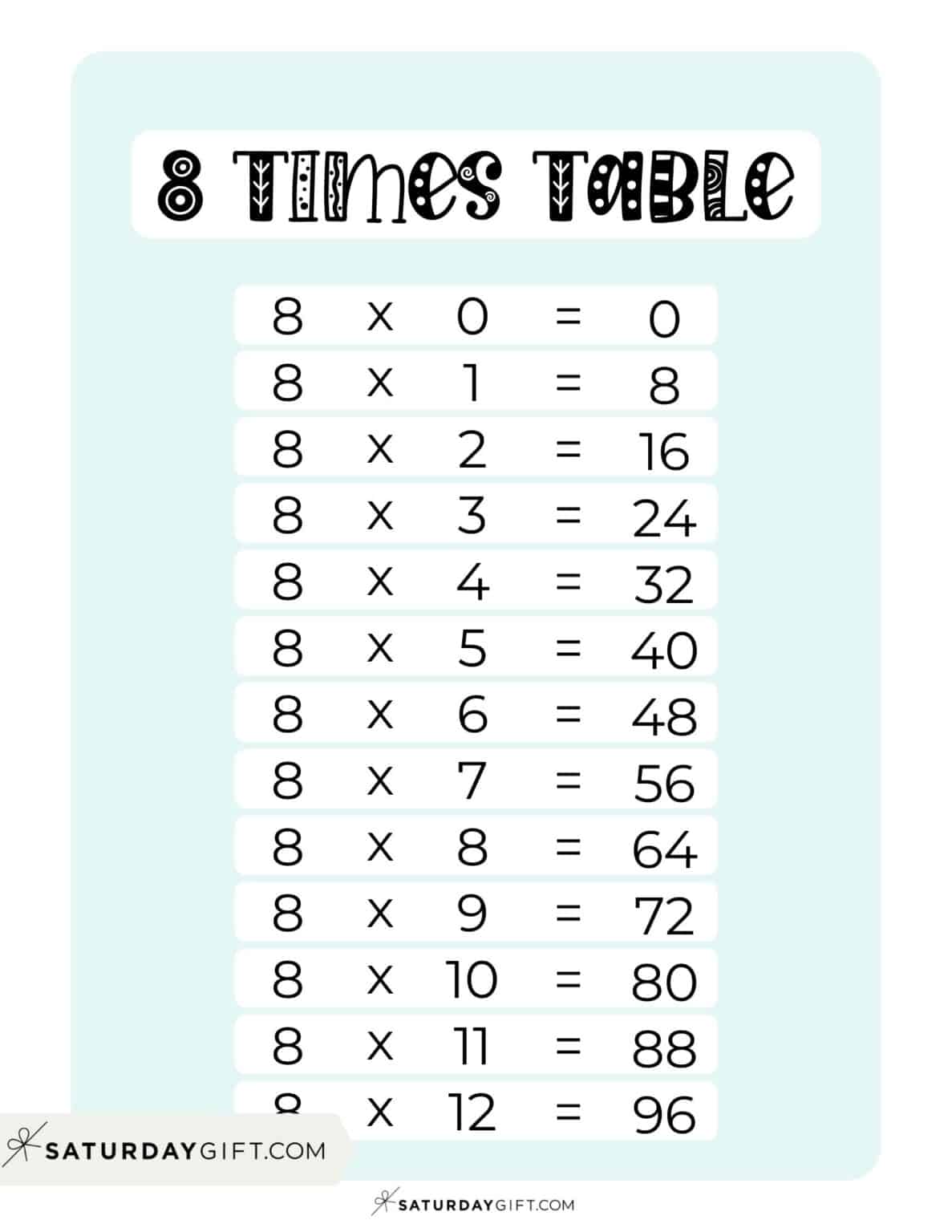 8 Times Table Chart - 15 Cute & Free Printables | SaturdayGift