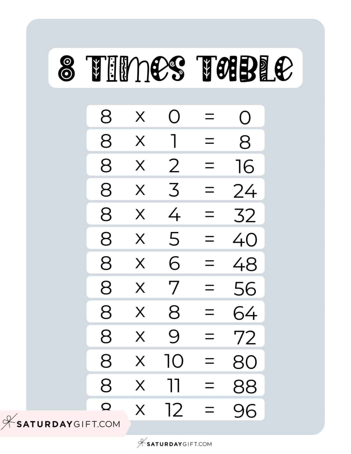 8 Times Table Chart - 15 Cute & Free Printables | SaturdayGift