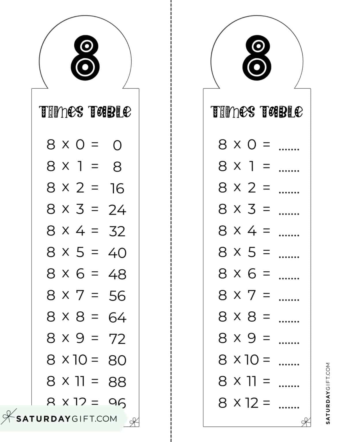 8 Times Table Chart - 15 Cute & Free Printables | SaturdayGift