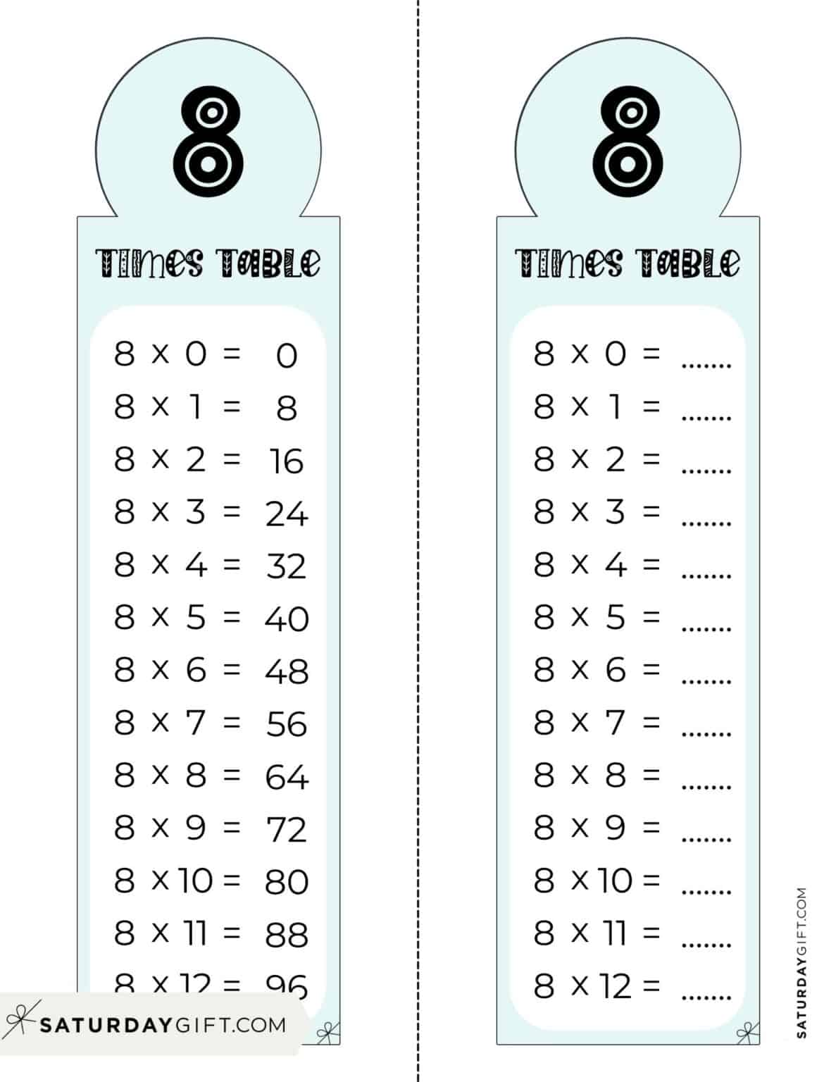 8 Times Table Chart - 15 Cute & Free Printables | SaturdayGift