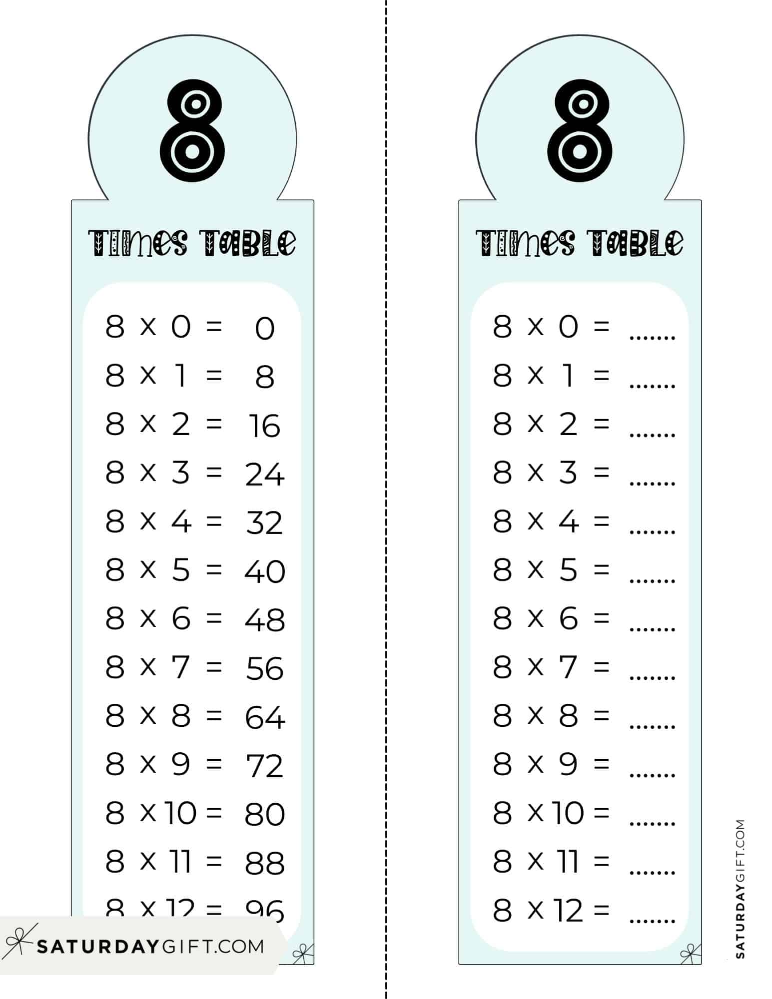 8 Times Table Chart - 15 Cute & Free Printables | SaturdayGift