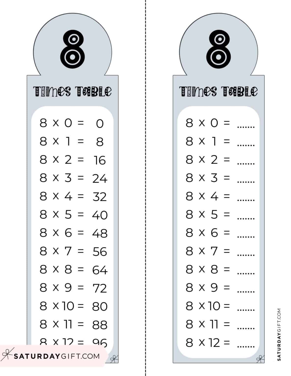 8 Times Table Chart - 15 Cute & Free Printables | SaturdayGift