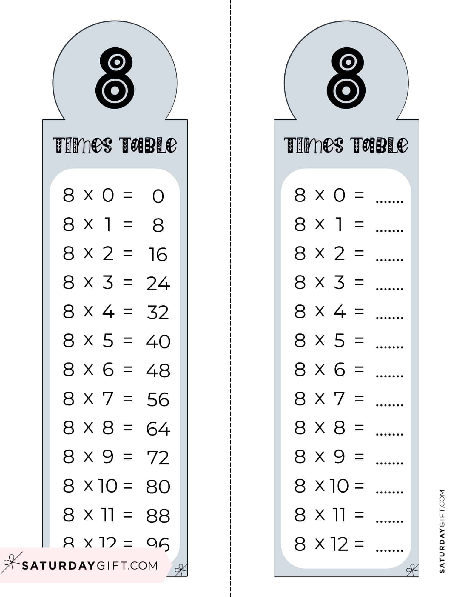 8 Times Table Chart - 15 Cute & Free Printables | SaturdayGift