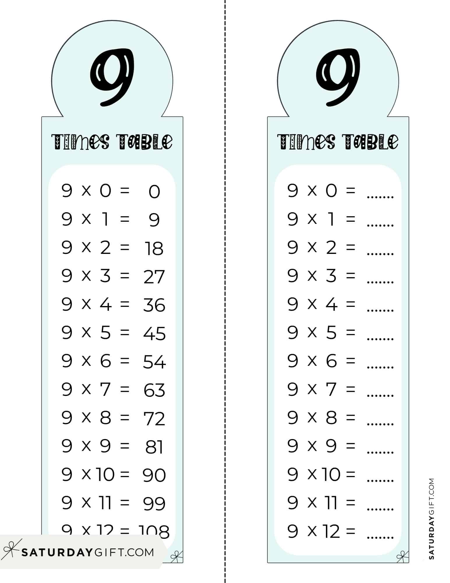 9 Times Table Chart - 15 Cute & Free Printables | SaturdayGift