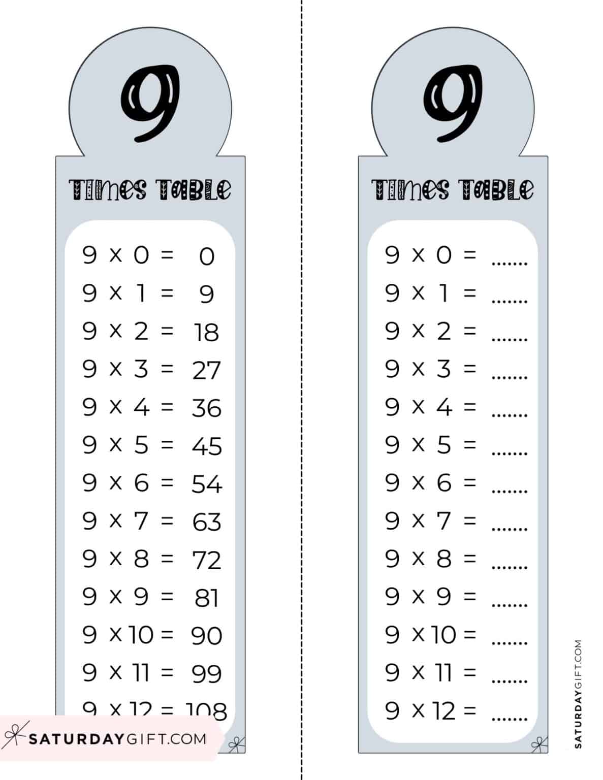 9 Times Table Chart - 15 Cute & Free Printables | SaturdayGift