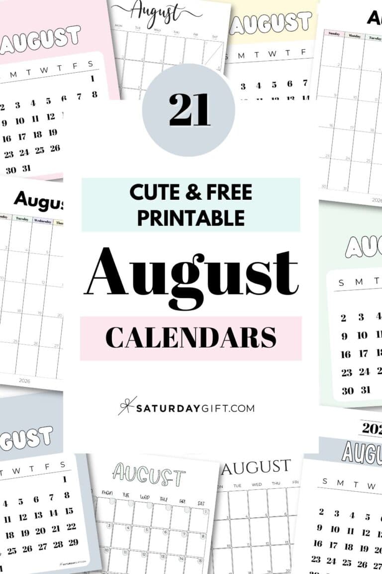 August 2026 Calendars - 21 Cute Free Printable PDFs by SaturdayGift